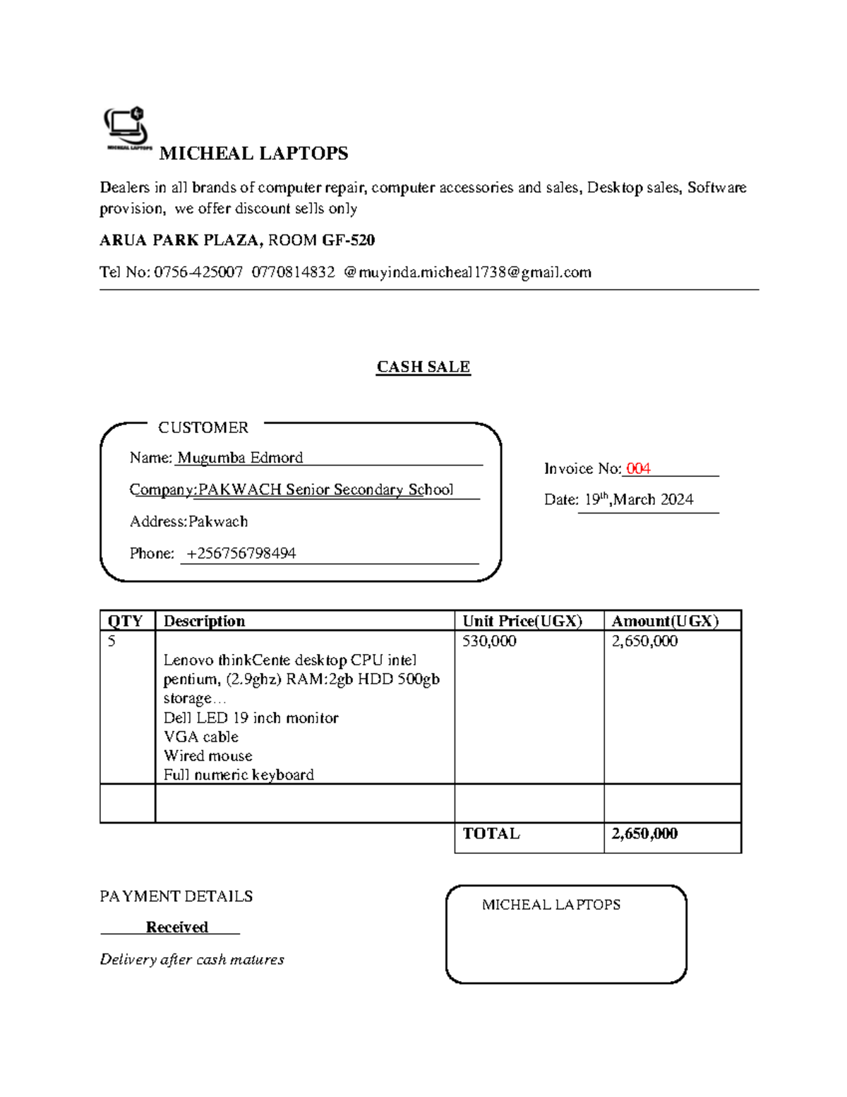 Invoice-004 - Huj - MICHEAL LAPTOPS Dealers in all brands of computer ...