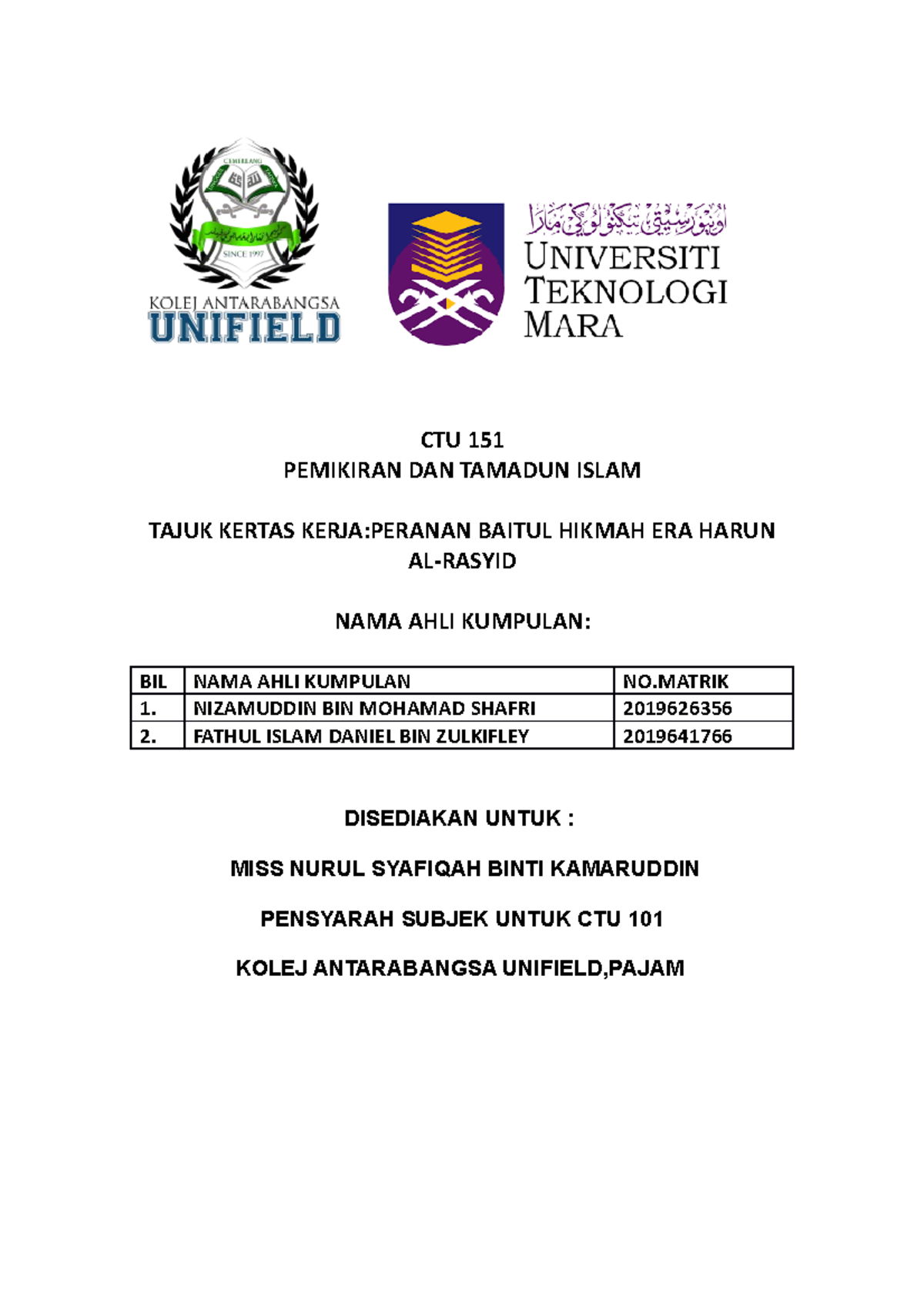 CTU 151 Kertas Kerja Assignment - CTU 151 PEMIKIRAN DAN TAMADUN ISLAM TAJUK KERTAS KERJA:PERANAN ...