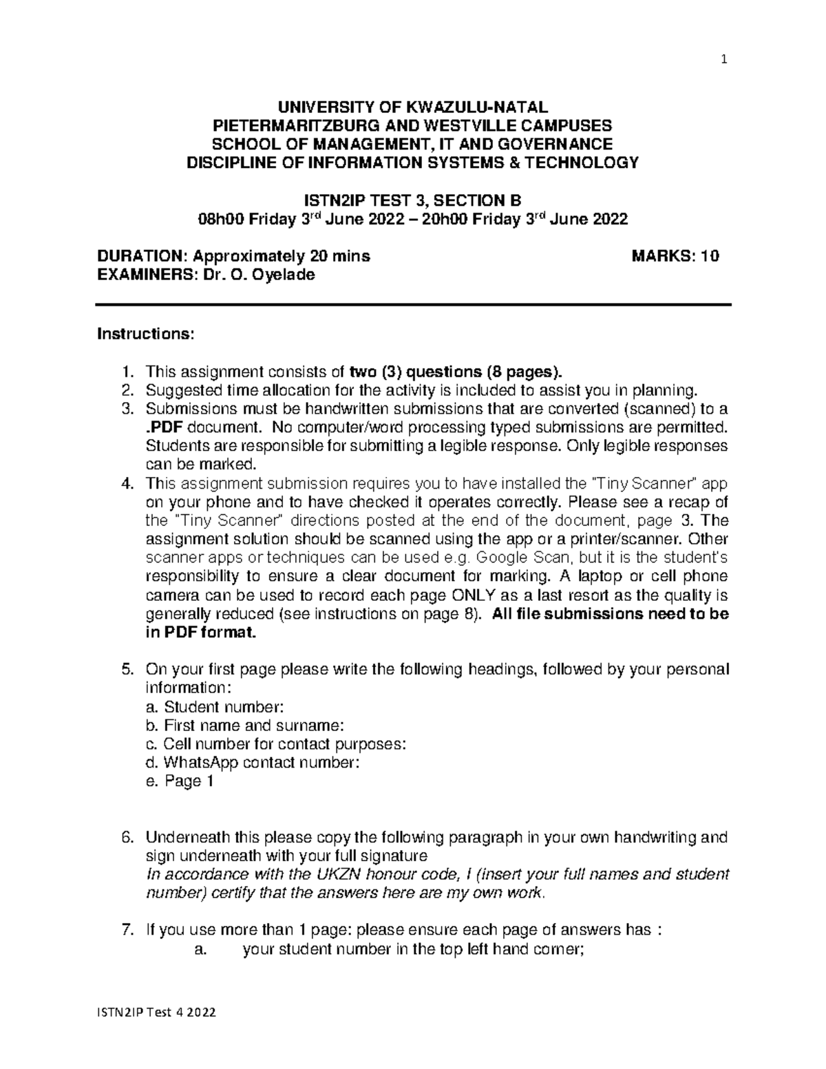 T4 Assignment Question University Of Kwazulu Natal Pietermaritzburg And Westville Campuses