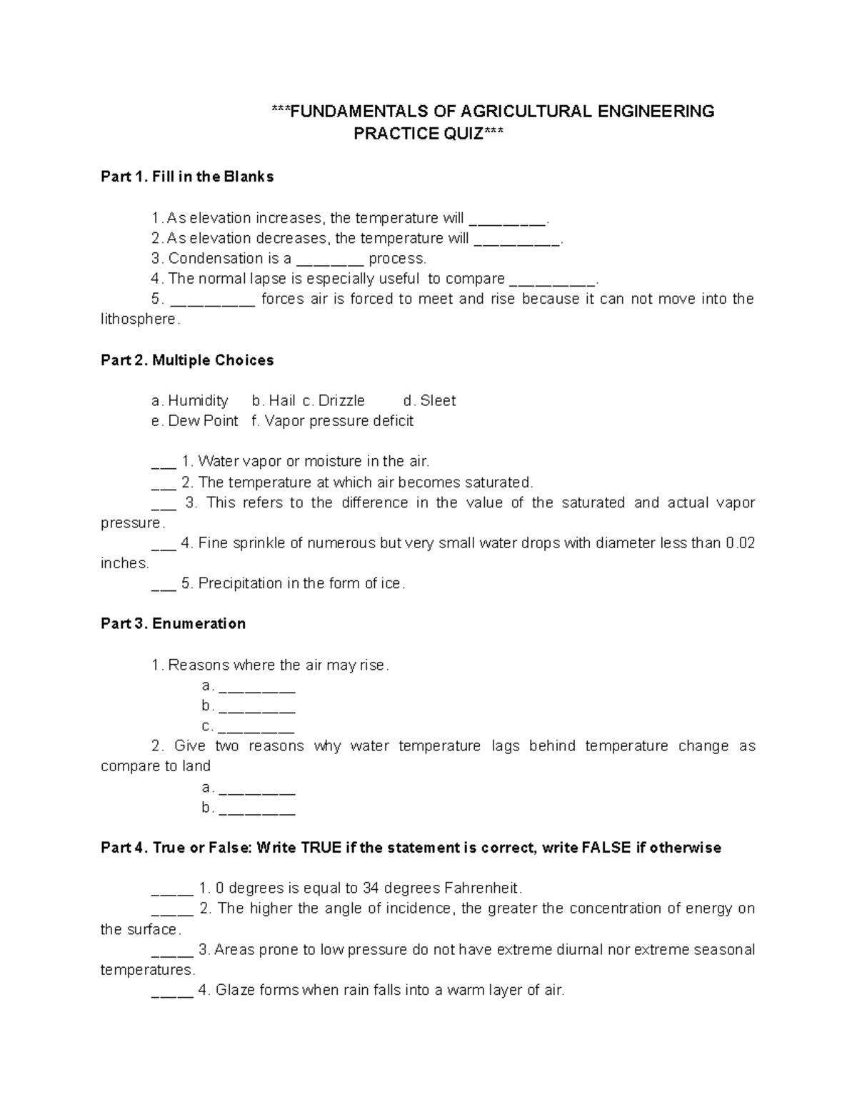 Agriculturtal Engineering Practice QUIZ 1 - ***FUNDAMENTALS OF ...