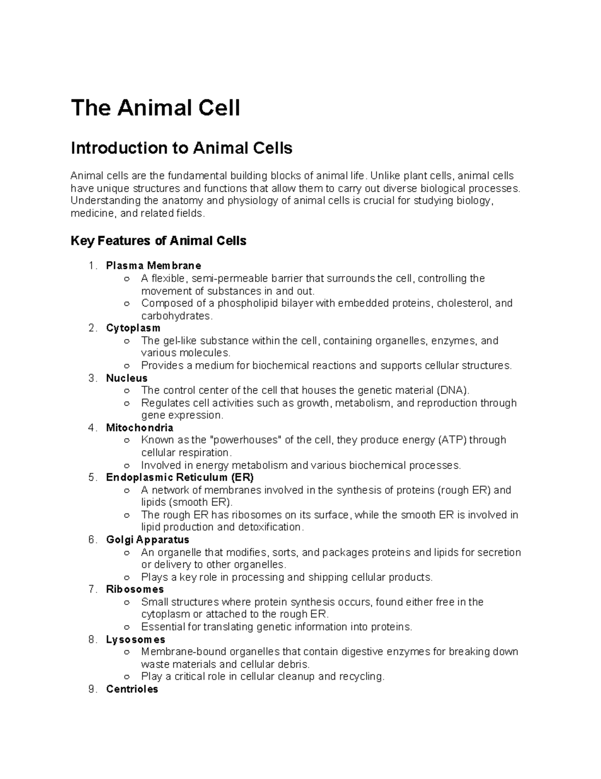 Animal Cell - The Animal Cell Introduction to Animal Cells Animal cells ...