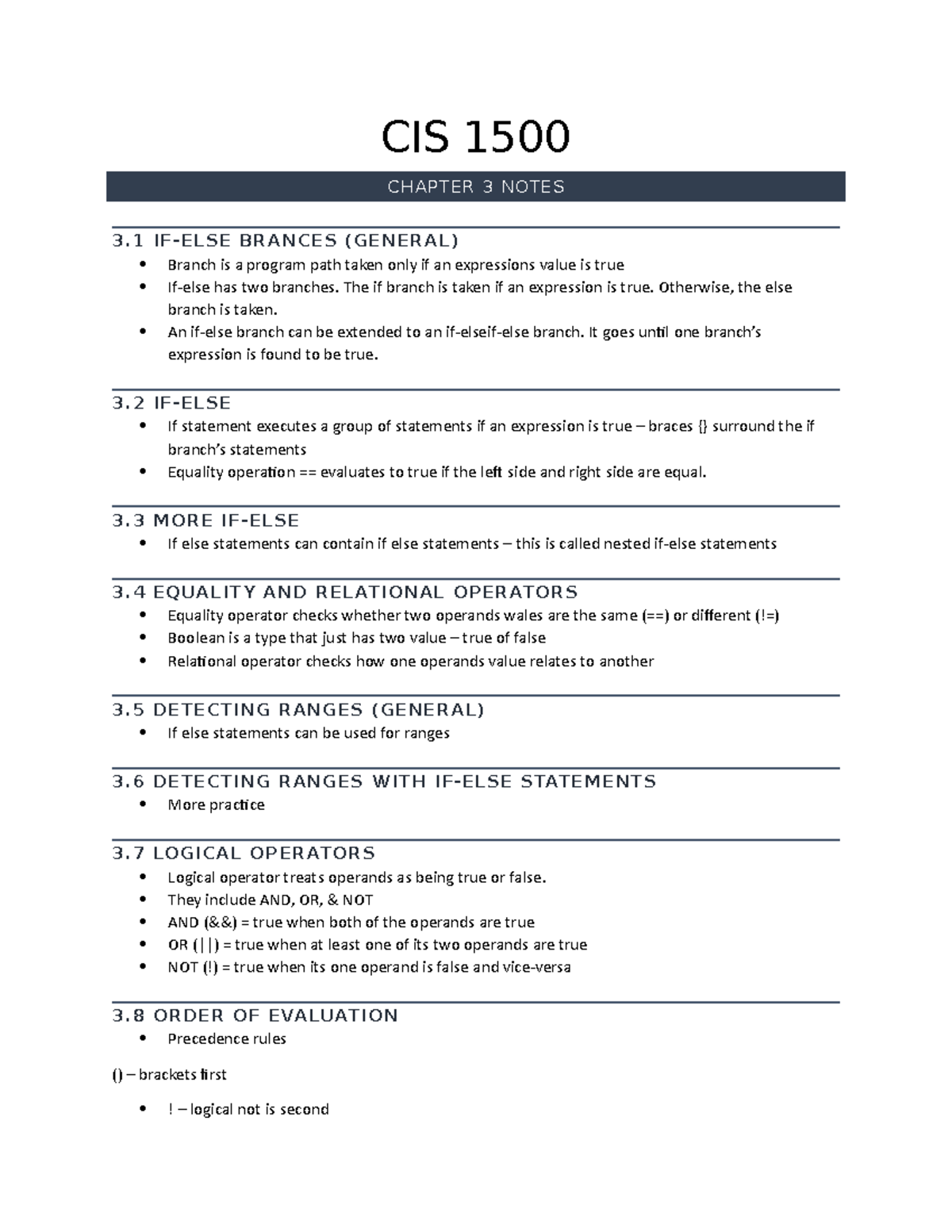 Chapter 3 Notes - CIS 1500 CHAPTER 3 NOTES 3 IF-ELSE BRANCES (GENERAL ...