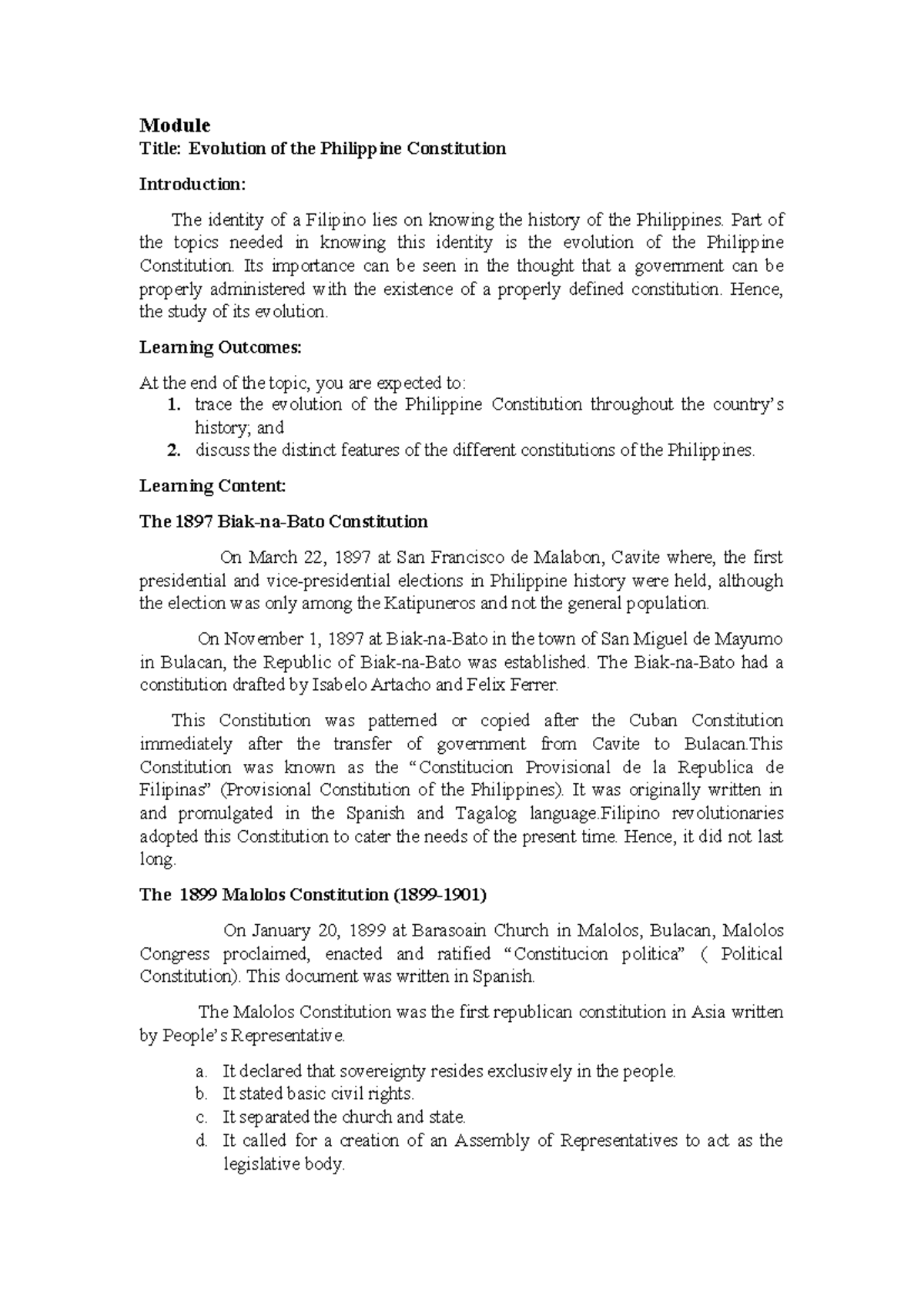 Evolution of the Philippine Constitution - Module Title: Evolution of ...