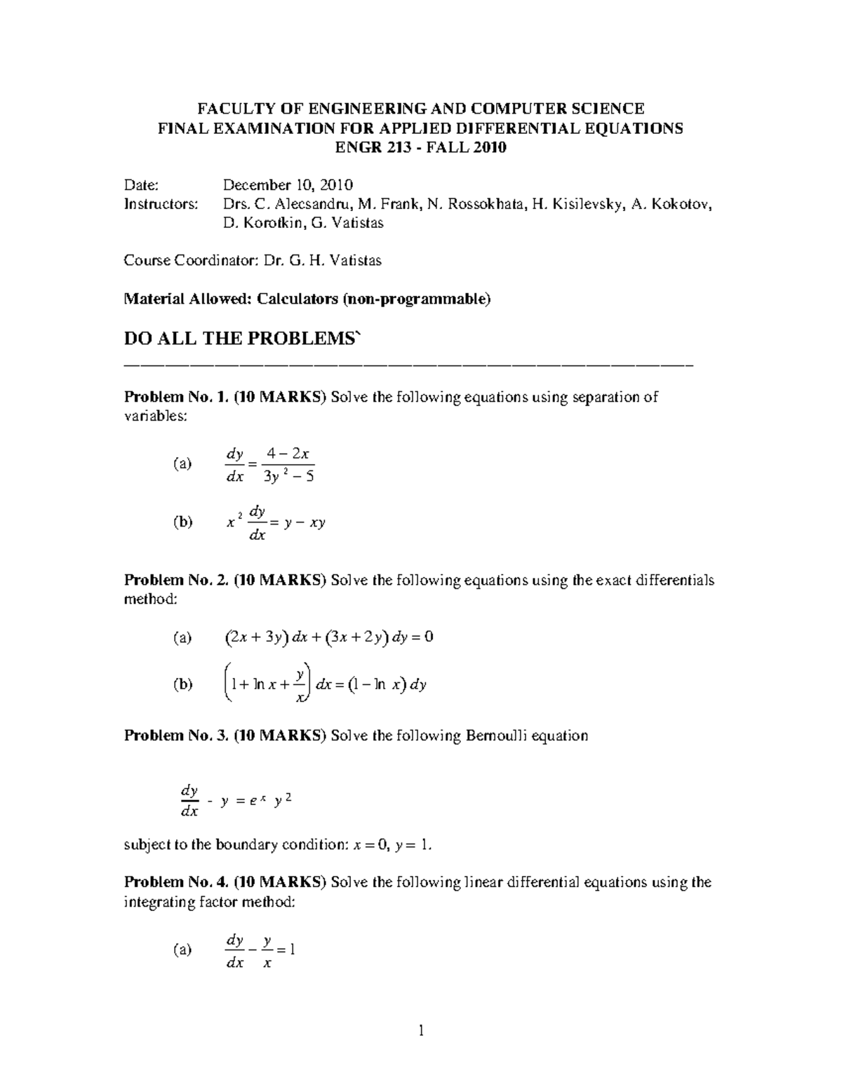 ENGR 213 - Final (2010-F) - 1 FACULTY OF ENGINEERING AND COMPUTER SCIENCE FINAL EXAMINATION FOR ...
