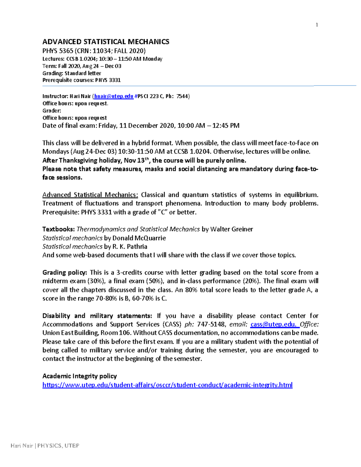 Phys5365 fall2020 syllabus nair 1 - 1 Hari Nair | PHYSICS, UTEP ...