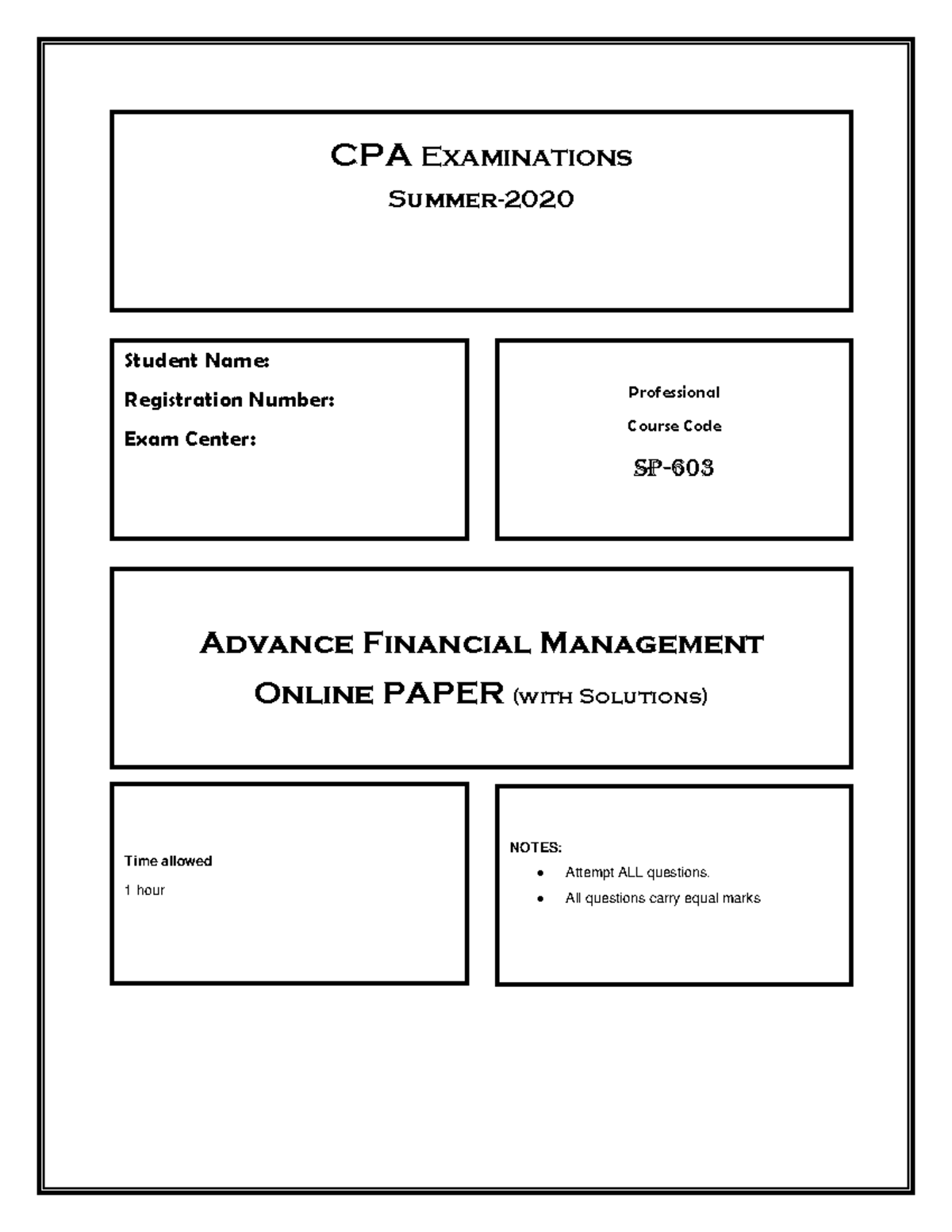 AFM (Online) Summer 2020 - Student Name: Registration Number: Exam ...