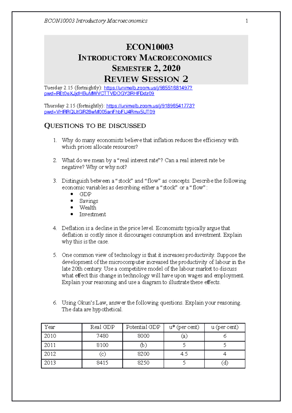 Review Session 2 - ECON10003 Introductory Macroeconomics ECON ...