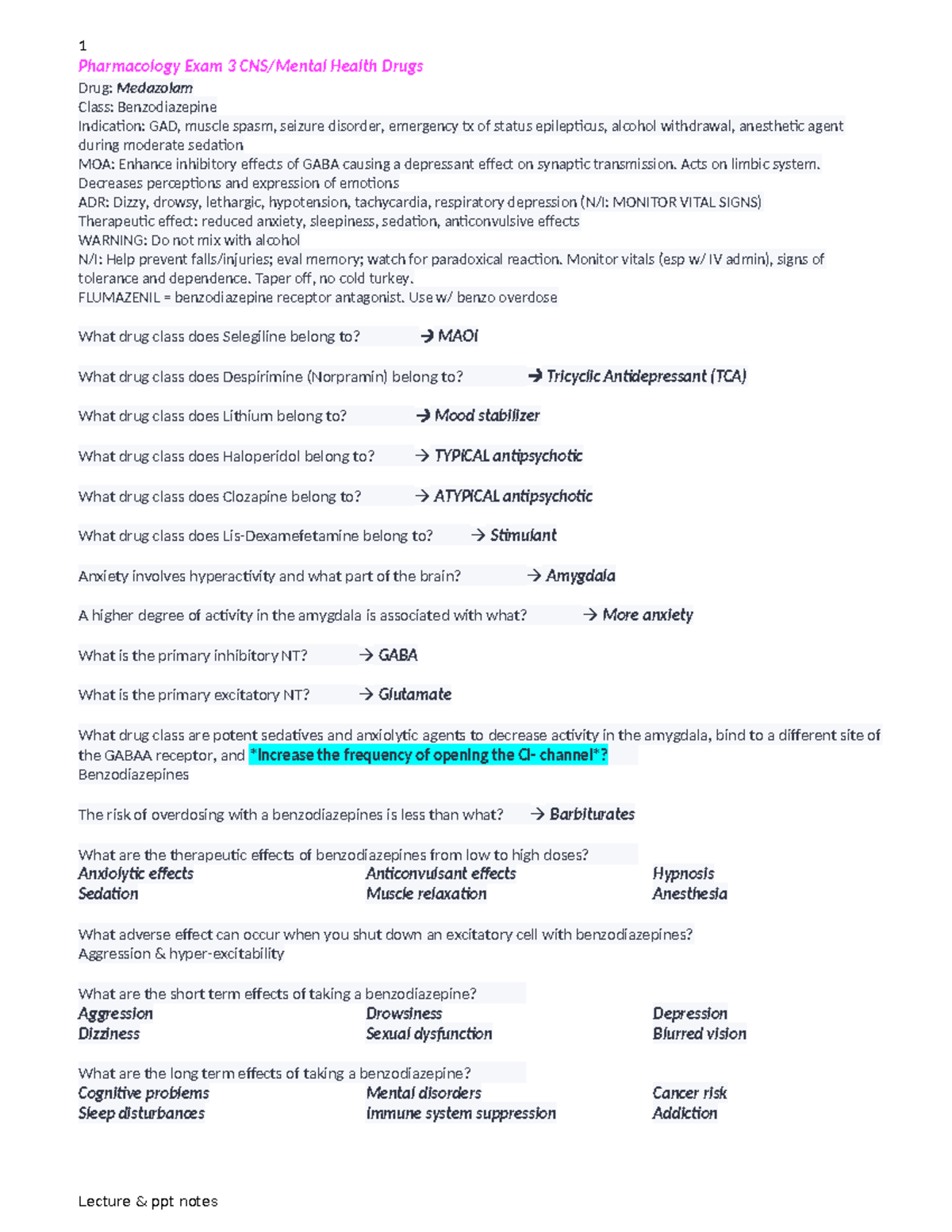CNS Drugs - Notes - Pharmacology Exam 3 CNS/Mental Health Drugs Drug ...