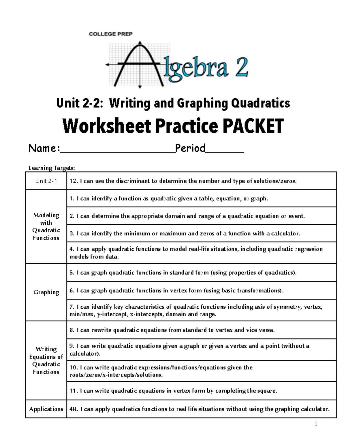 Quadratic Packet with Learning Targets - Unit 2-2: Writing and Graphing ...