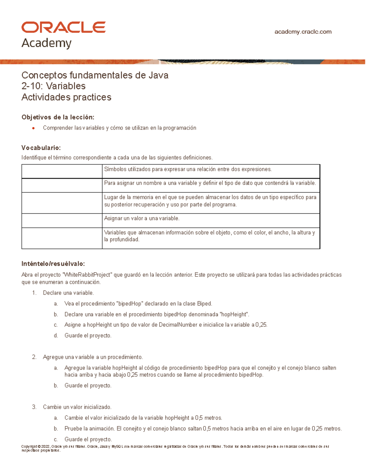 JF 2 10 Practice esp - fundamentos de Oracle para java - Copyright ...