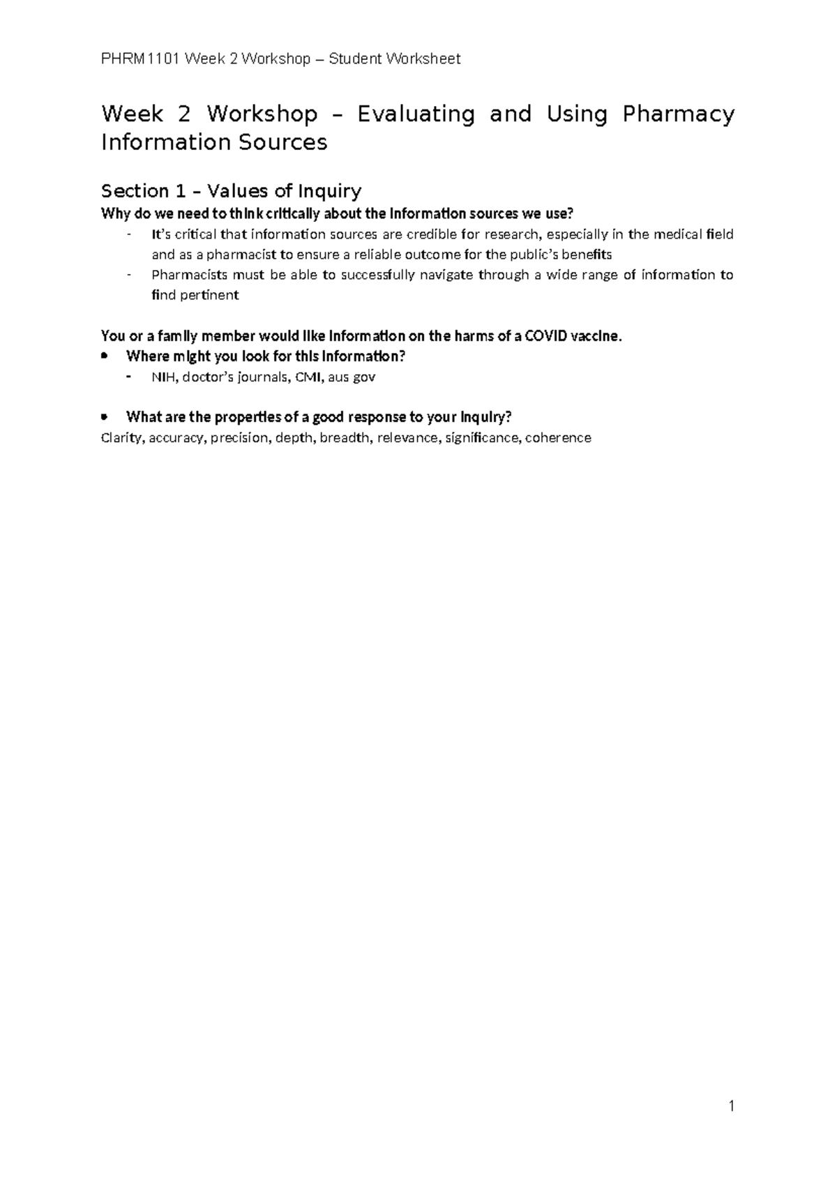 W2 - workshop - Week 2 Workshop – Evaluating and Using Pharmacy Information Sources Section 1 ...