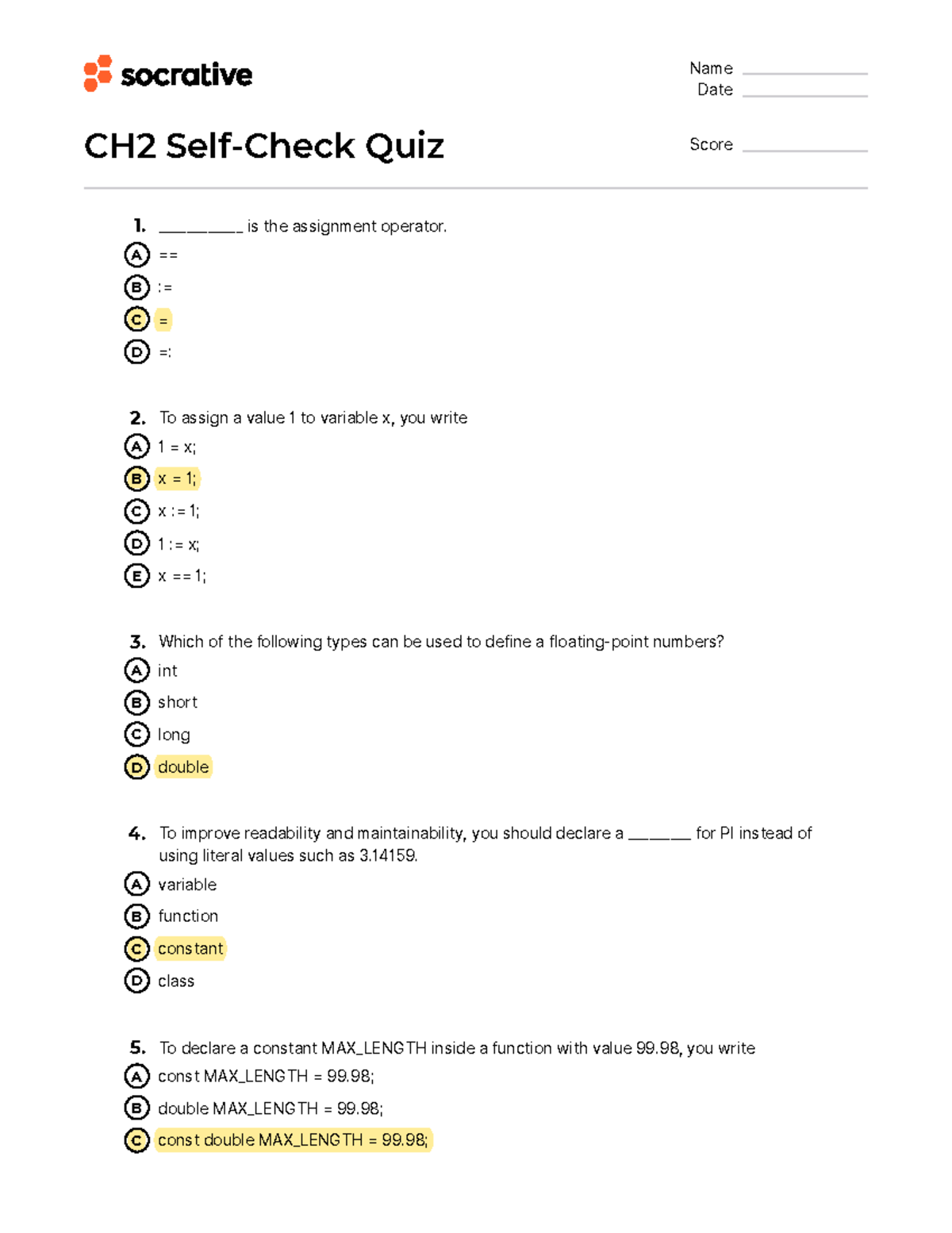 Quiz CH2 Self-Check Quiz - Answers - Name Date CH2 Self-Check Quiz Score 1. ____________ is the ...