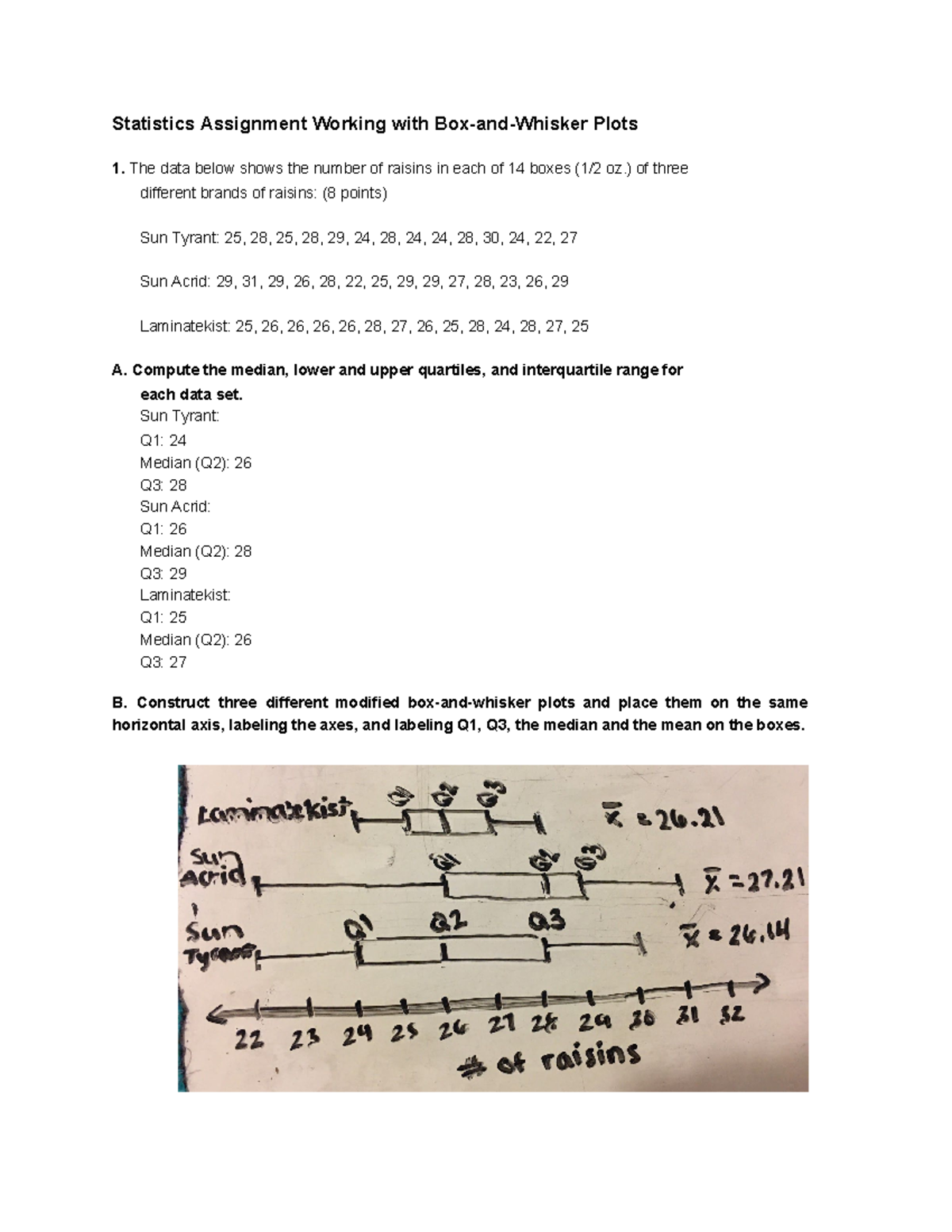 1 - online assignment - Statistics Assignment Working with Box-and-Whisker Plots The data below ...