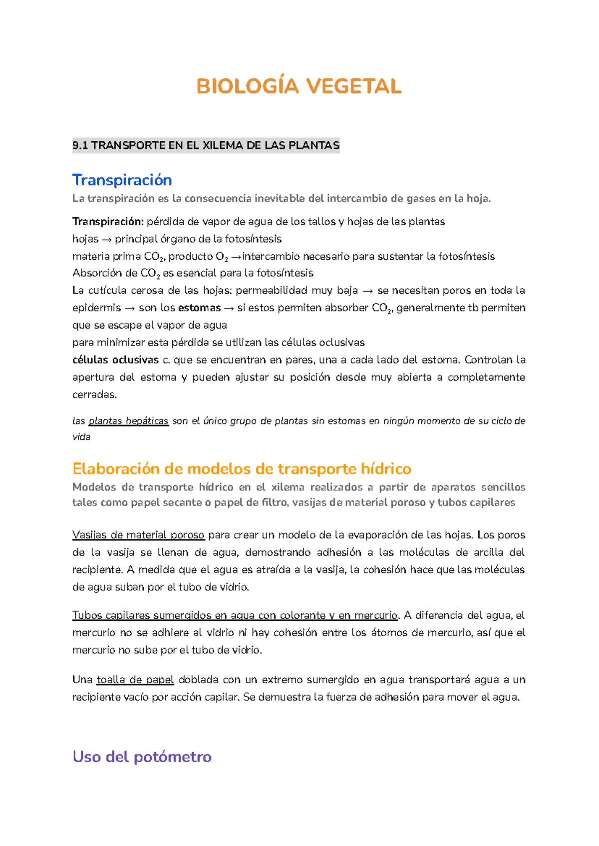 Apunts Biologia Vegetal - BIOLOGÍA VEGETAL 9 TRANSPORTE EN EL XILEMA DE LAS PLANTAS ...