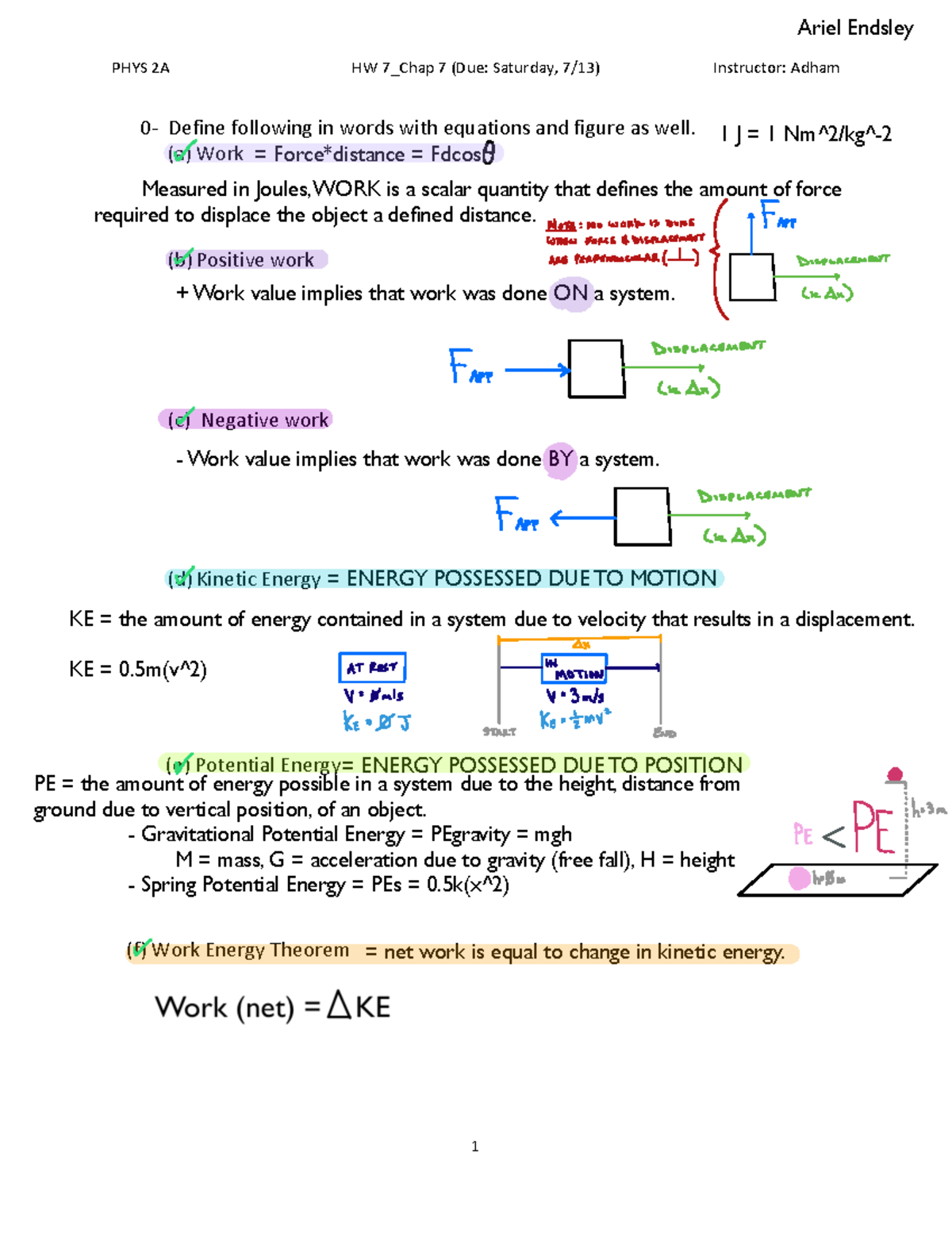 HW7 CH7 Physics 2A - PHYS 2A HW 7_Chap 7 (Due: Saturday, 7/13) Instructor: Adham 0- Define ...