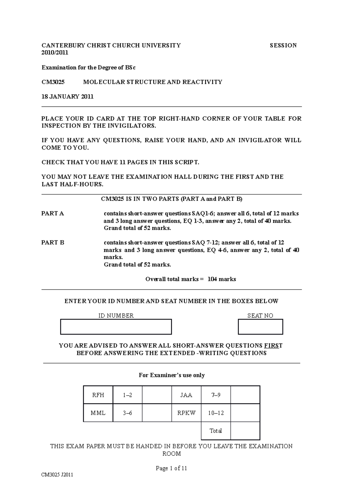 Exam 24 January 2013, questions - CANTERBURY CHRIST CHURCH UNIVERSITY 2010/2011 SESSION ...