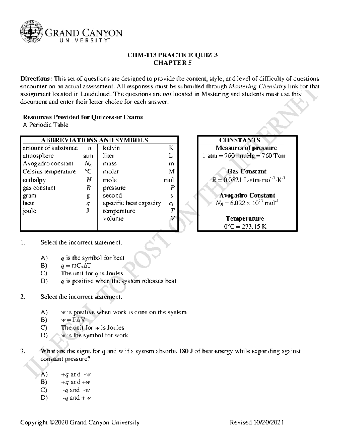 CHM113 PQ3 Ch5 08232023 - CHM- 113 PRACTICE QUIZ 3 CHAPTER 5 Directions ...