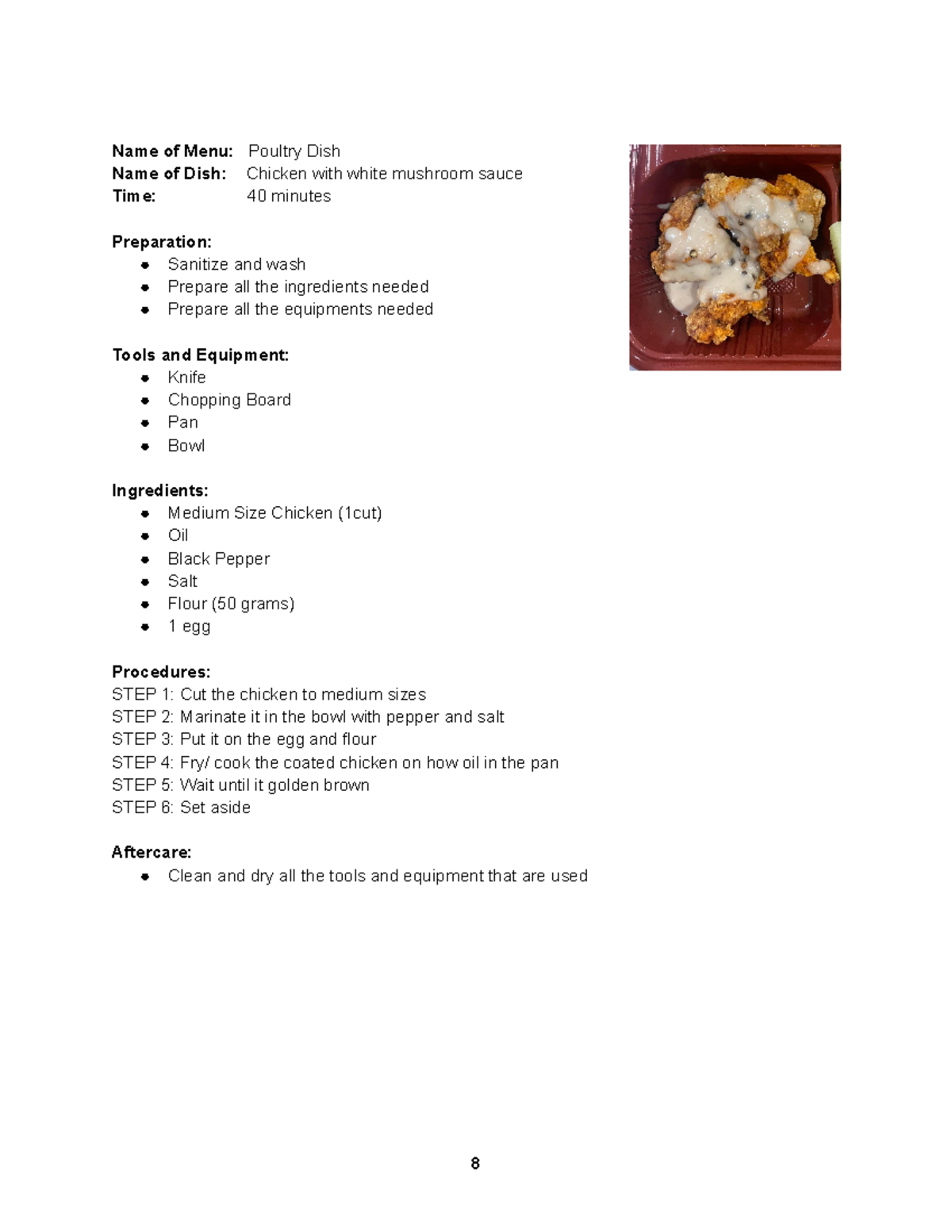 Chicken and dressing - PROJECT PLAN IN NC2 - Name of Menu: Poultry Dish ...