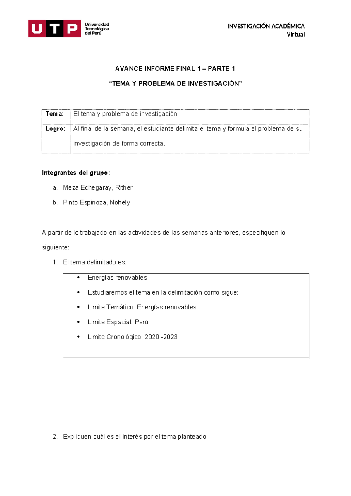 Semana 03-Formato Avance de Informe Final 1 - Parte 1 Tema y problema de investigación - - Studocu