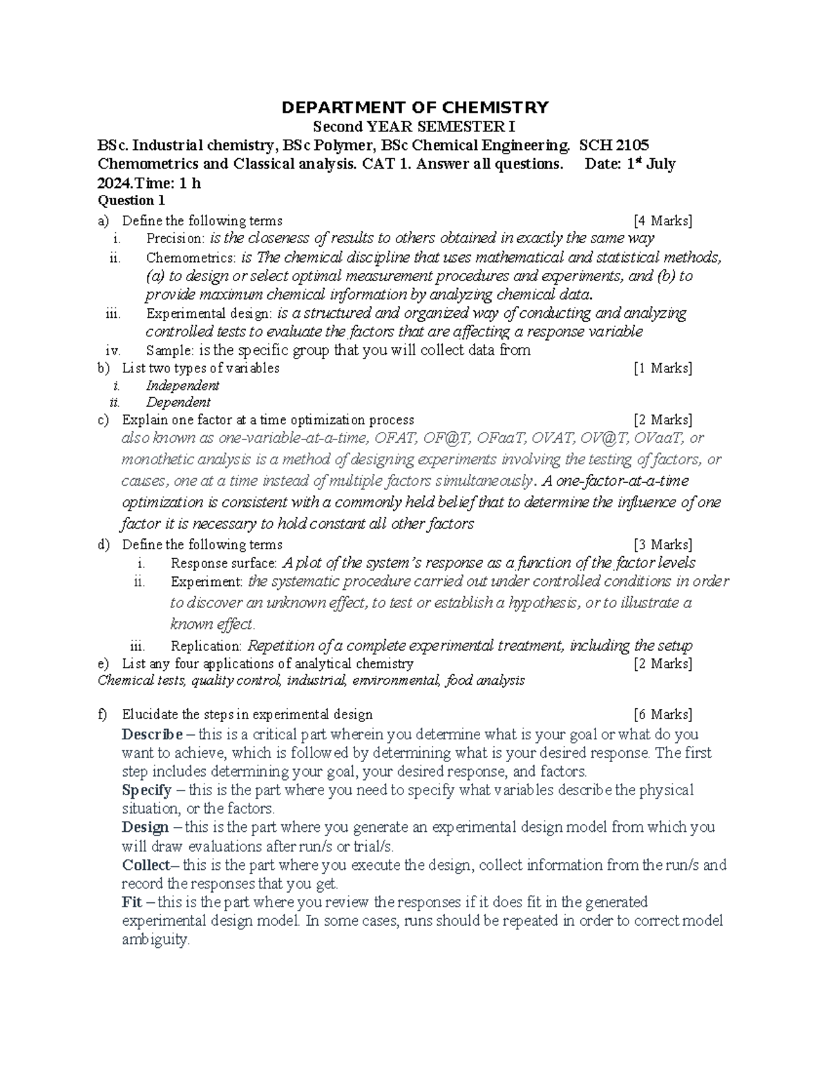 SCH 2105 CAT 1 2024 Marking Scheme - DEPARTMENT OF CHEMISTRY Second ...