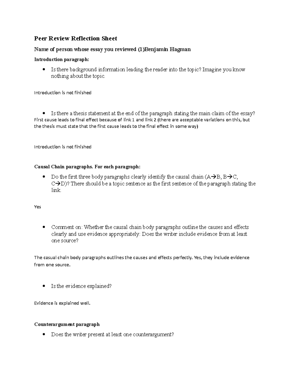 Causal Peer Review Reflection Sheet - Peer Review Reflection Sheet Name ...