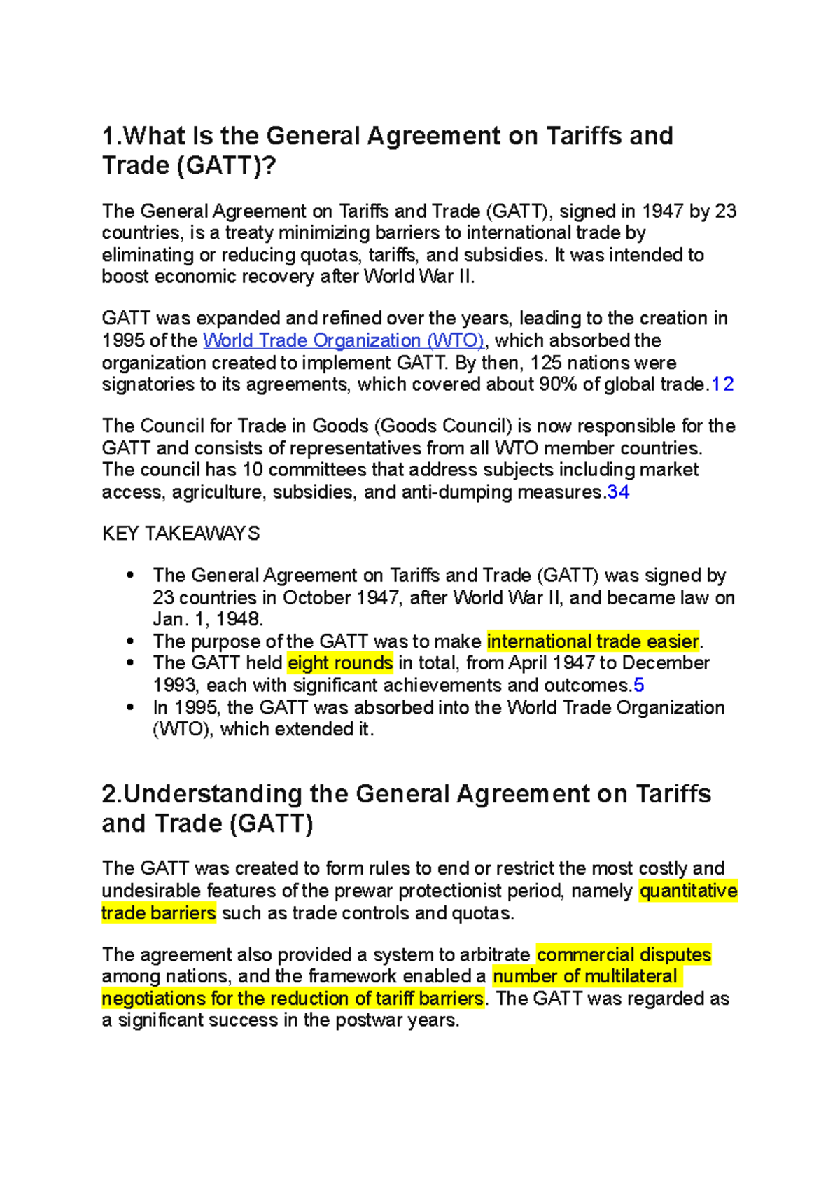 GATT - GATT - 1 Is the General Agreement on Tariffs and Trade (GATT ...