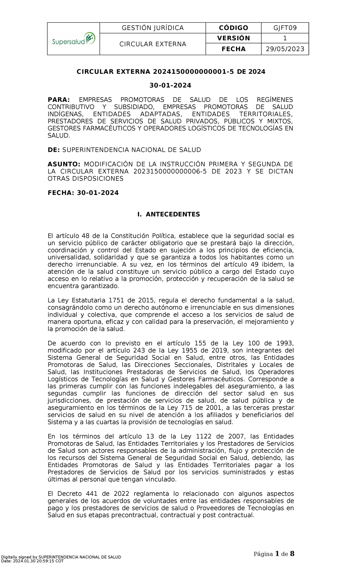 Circular externa número 2024150000000001-5 de 2024 - CIRCULAR EXTERNA VERSIÓN 1 FECHA 29/05 ...