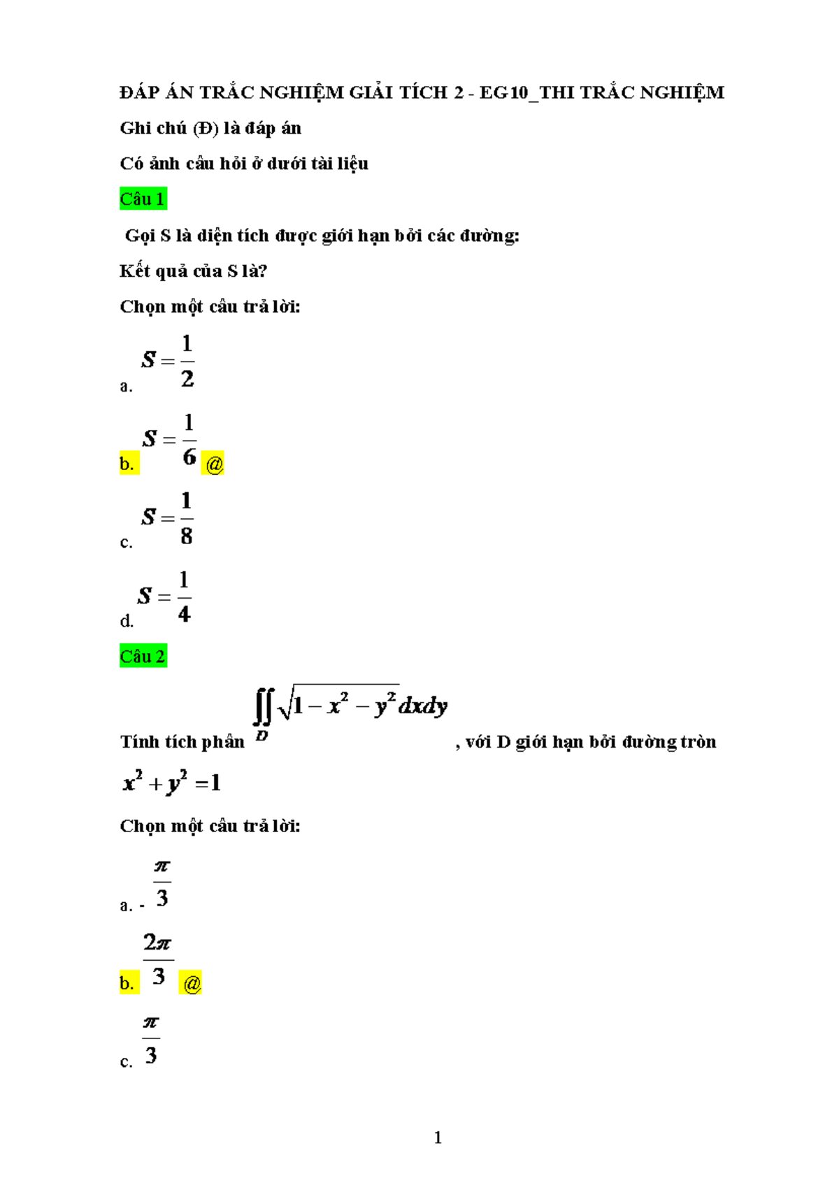[123doc] - dap-an-trac-nghiem-giai-tich-2-eg10-thi-trac-nghiem - ĐÁP ÁN TRẮC NGHIỆM GIẢI TÍCH 2 ...