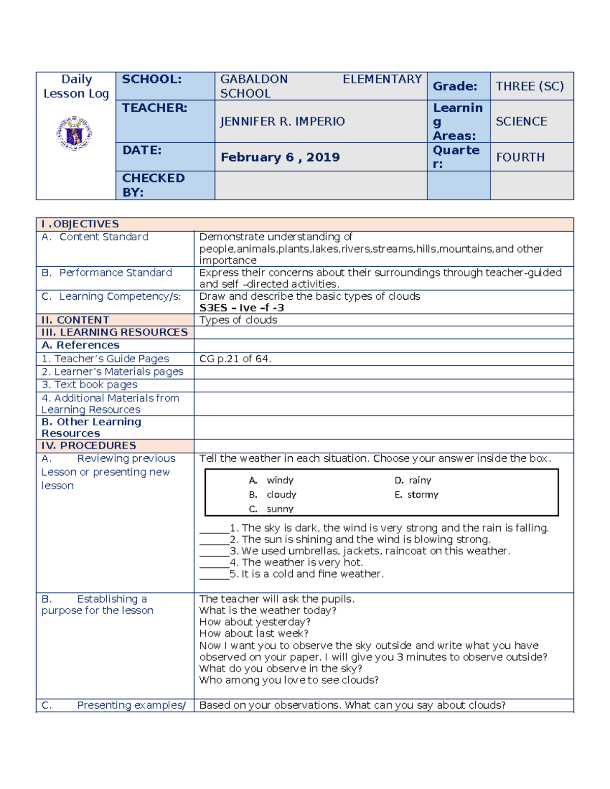 Grade 3 COT Science Q4 - Sample of Lesson plan Template - Daily Lesson ...