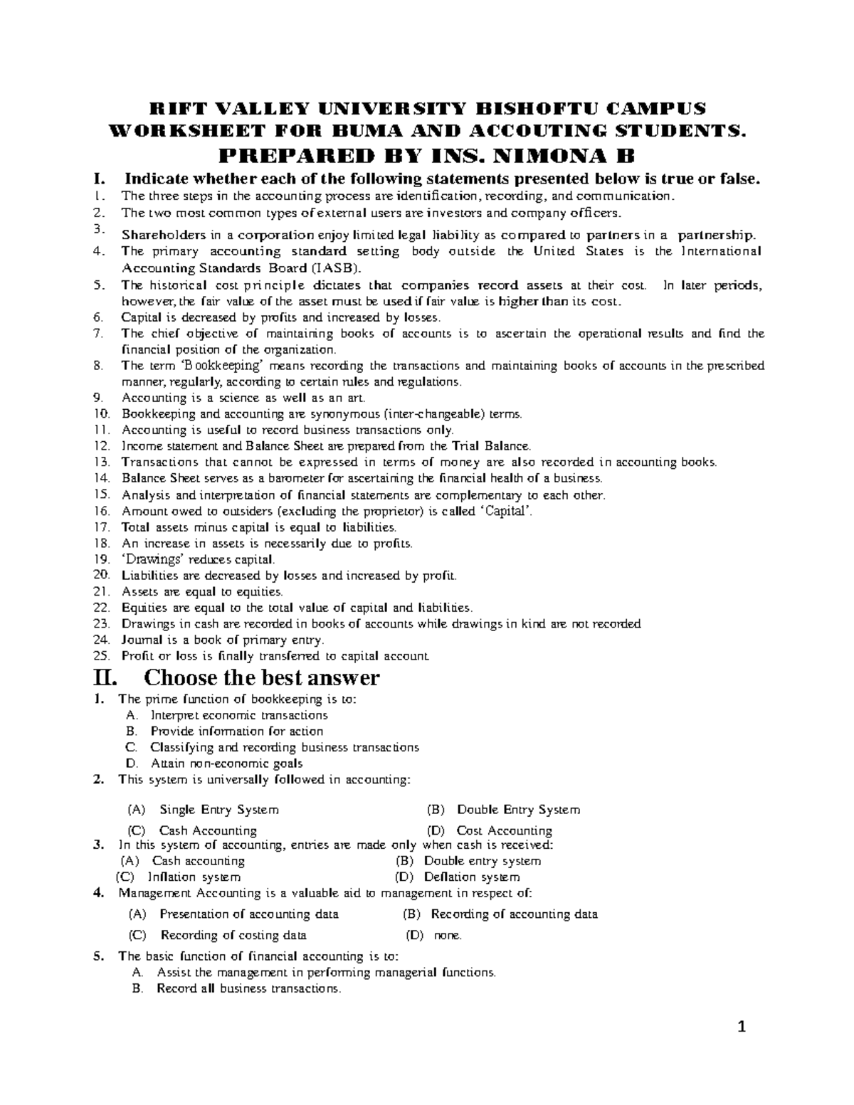 FOA Worksheet - (A) Single Entry System (B) Double Entry System (C ...