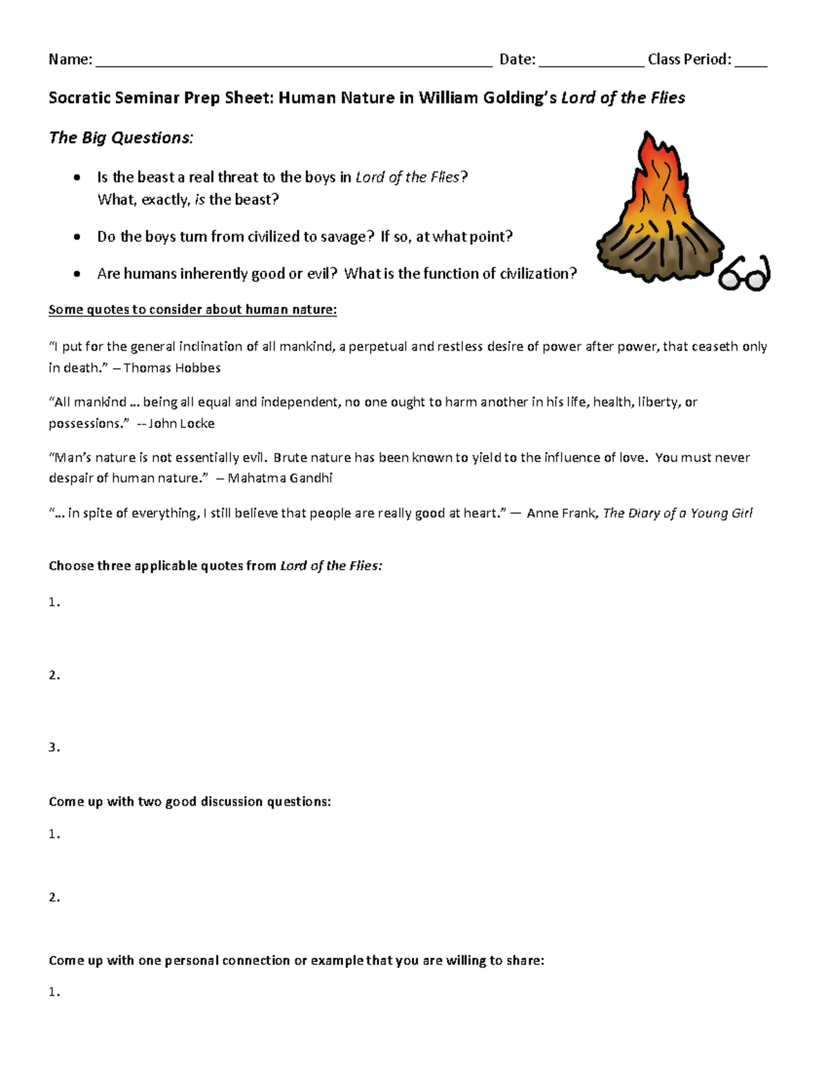 Socratic Seminar Prep Sheet and Outer Circle Notes Handout - Lord of ...