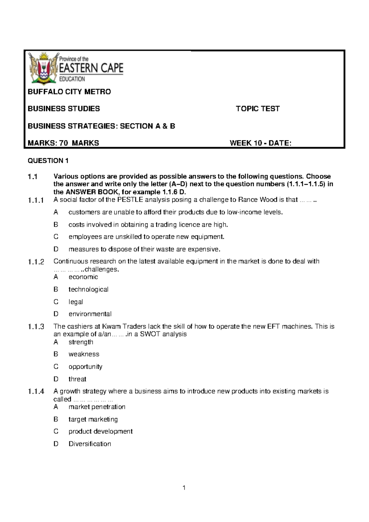 Business Strategies Topic TEST - BUFFALO CITY METRO BUSINESS STUDIES ...