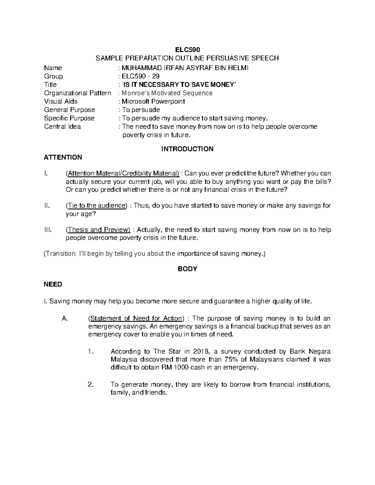 ELC590 PS Outline Money Savings - ELC SAMPLE PREPARATION OUTLINE ...