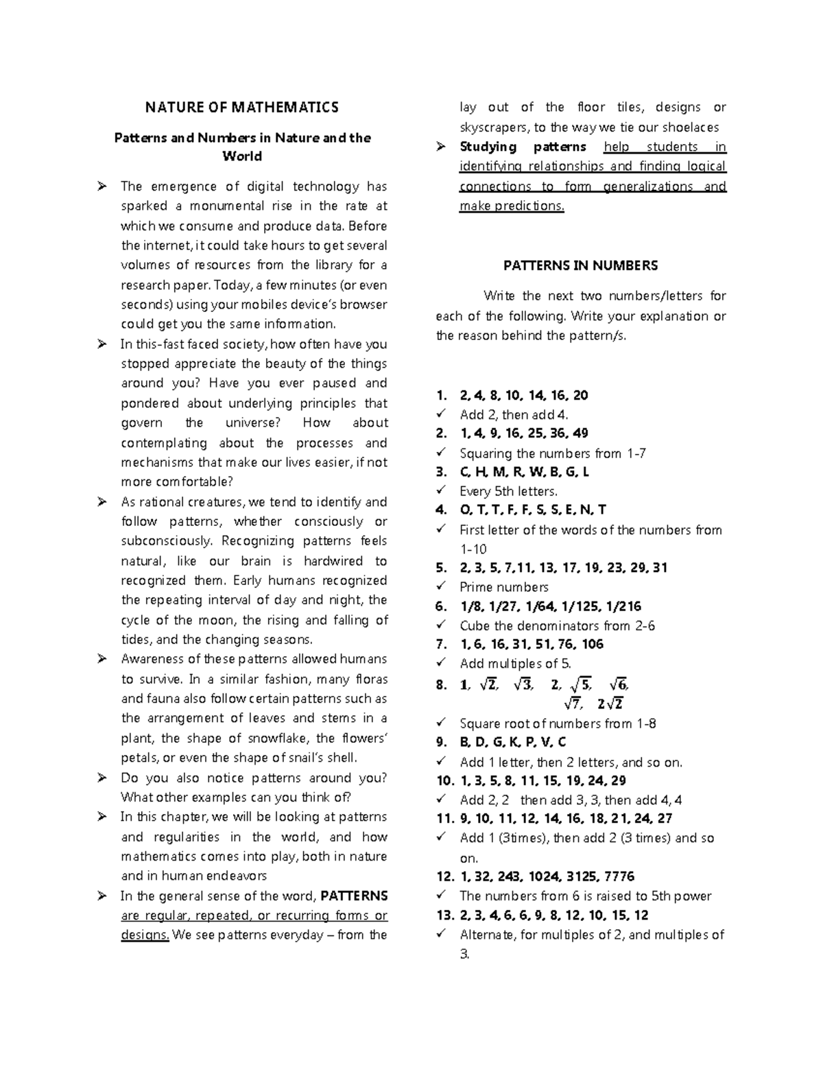 MMW Finals-Reviewer - Reviewer for MMW - NATURE OF MATHEMATICS Patterns and Numbers in Nature ...