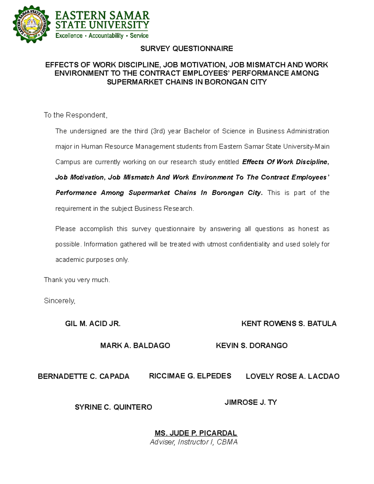 Questionnaire Auto Recovered Survey Questionnaire Effects Of Work Discipline Job Motivation