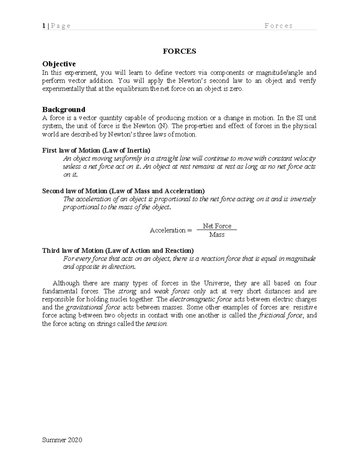 04 Forces LAB(Sum2020 Online Version) - FORCES Objective In this ...