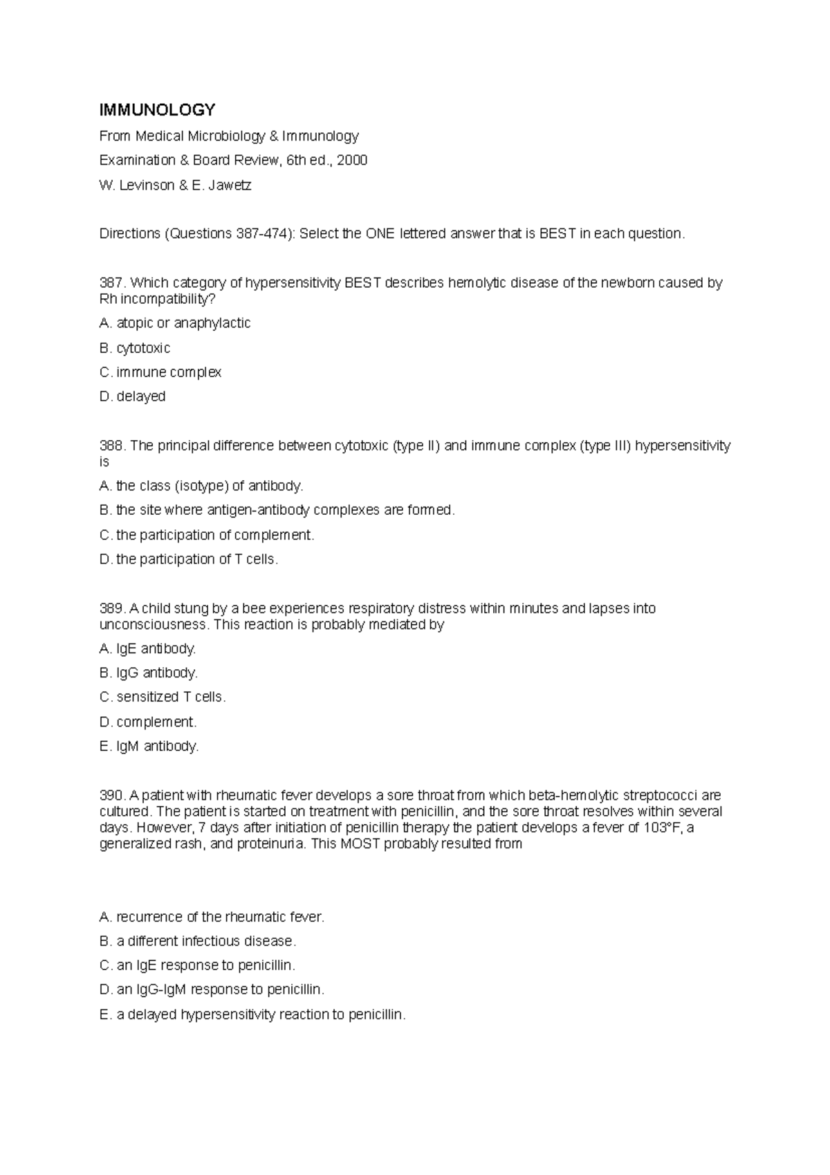 Immunology MCQ-SBA - IMMUNOLOGY From Medical Microbiology & Immunology ...