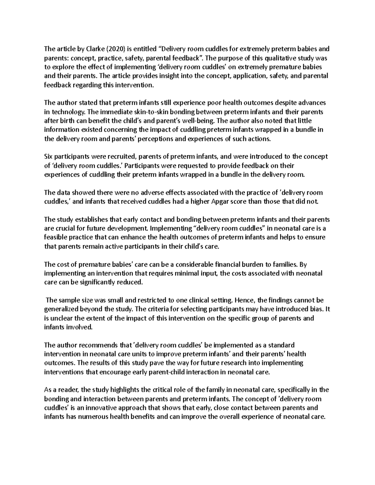 DR Journal - The article by Clarke (2020) is entitled “Delivery room ...