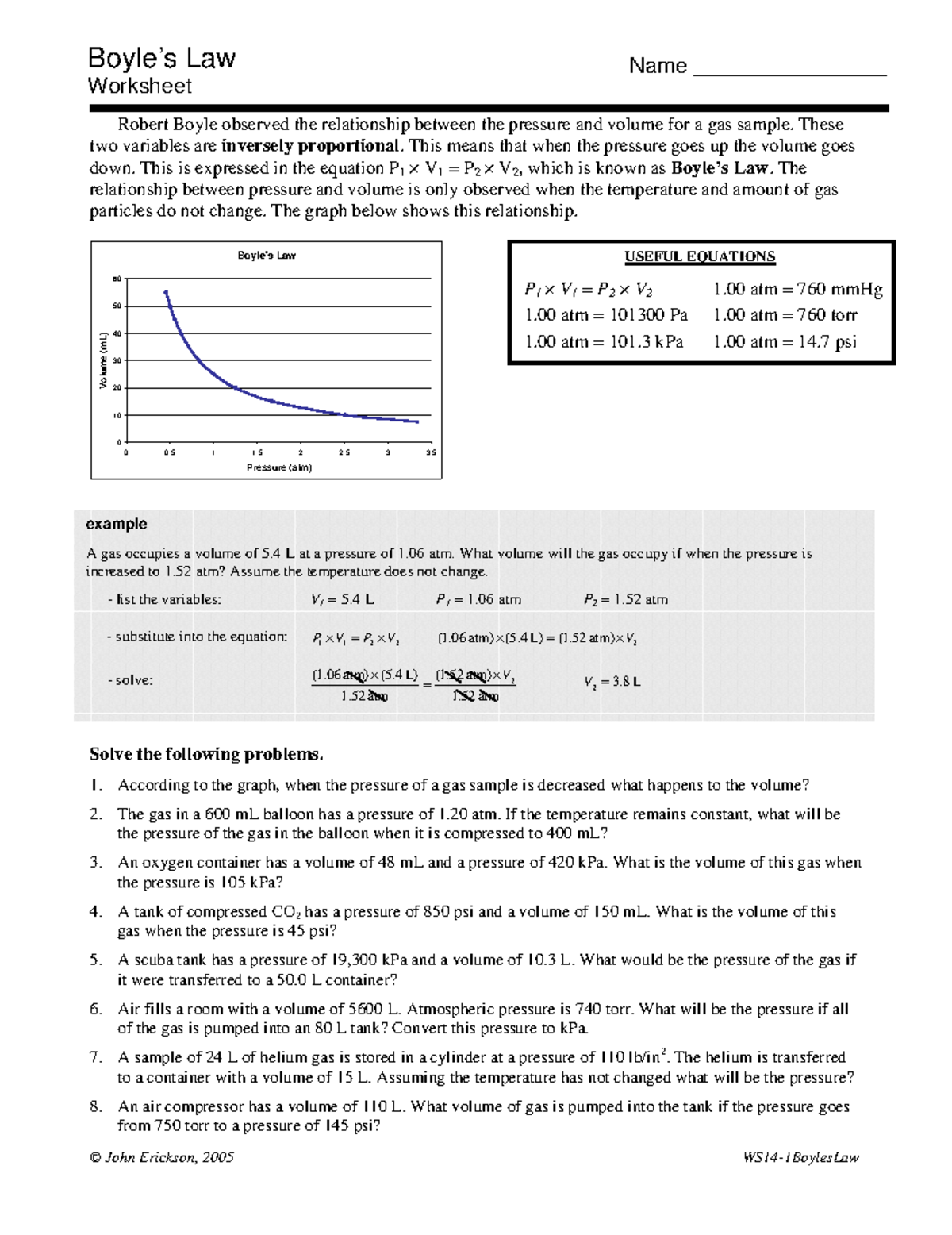 Boyle's Law Worksheet - © John Erickson, 2005 WS14-1BoylesLaw example A ...