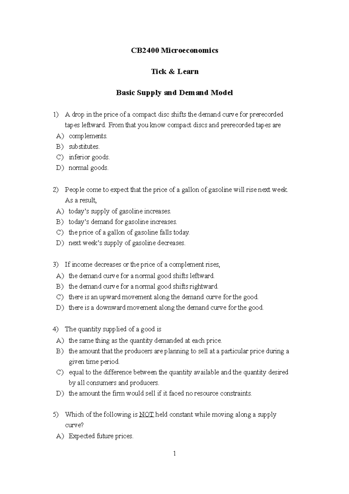 (02) CB2400 Tick & Learn Basic Supply & Demand Model 2017 1 3 - CB2400 Microeconomics Tick ...
