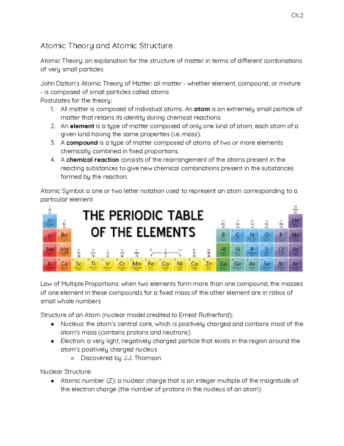 Ch.2 Notes - Ch Atomic Theory and Atomic Structure Atomic Theory: an ...