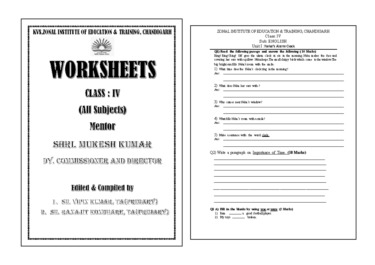Class IV Worksheet - Practice Questions - KVS,ZONAL INSTITUTE OF ...