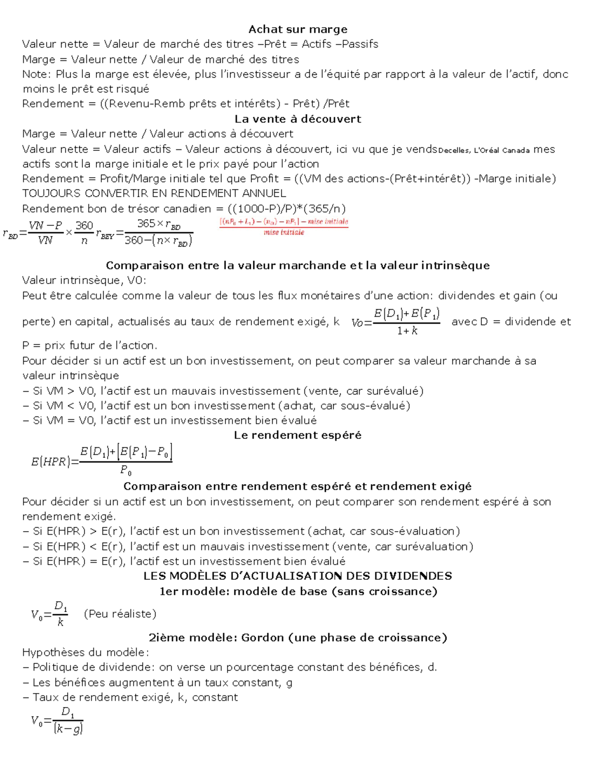 Feuille de formule Placements 2 - Achat sur marge Valeur nette = Valeur ...