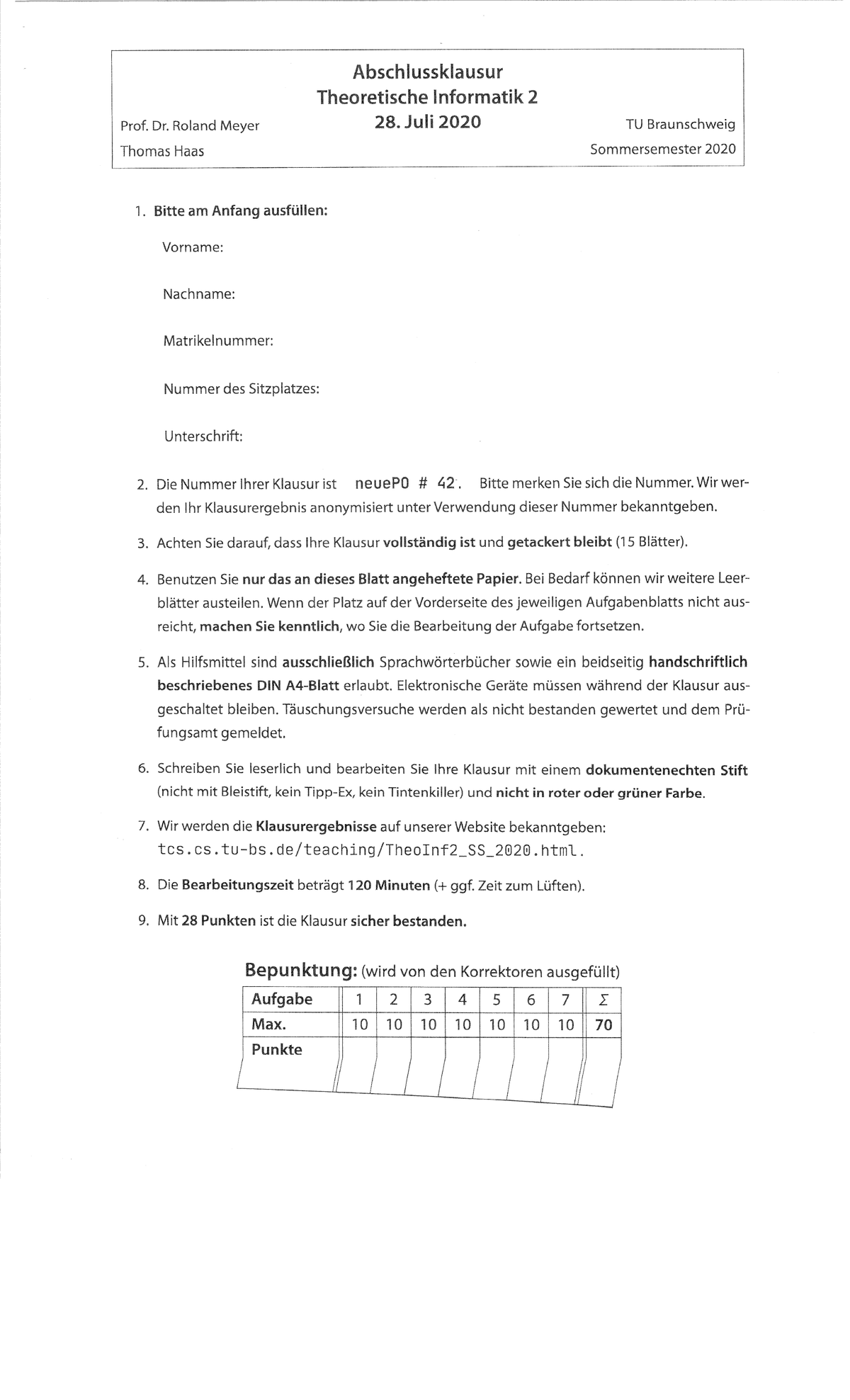 Theo Inf 2 Sommer 2020 neue PO - Theoretische Informatik II - Studocu