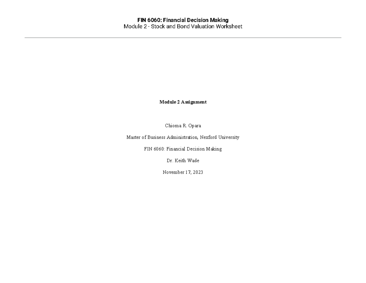 FIN 6060 Module 2 Worksheet - Module 2 - Stock and Bond Valuation ...