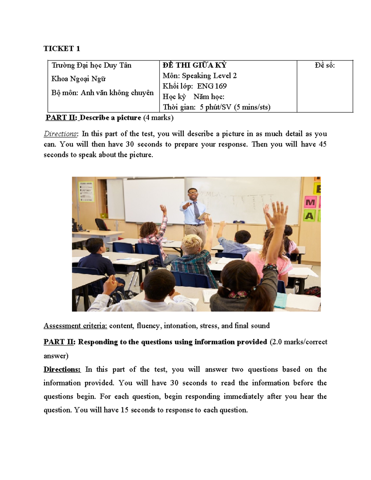 ĐỀ 1 Speaking Level 2 - nhhhh - TICKET 1 Trường Đại học Duy Tân Khoa ...