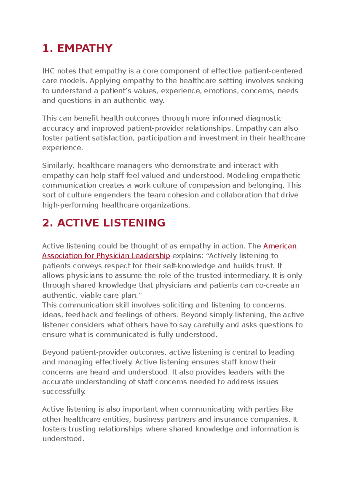 Essential skills for HA - 1. EMPATHY IHC notes that empathy is a core ...