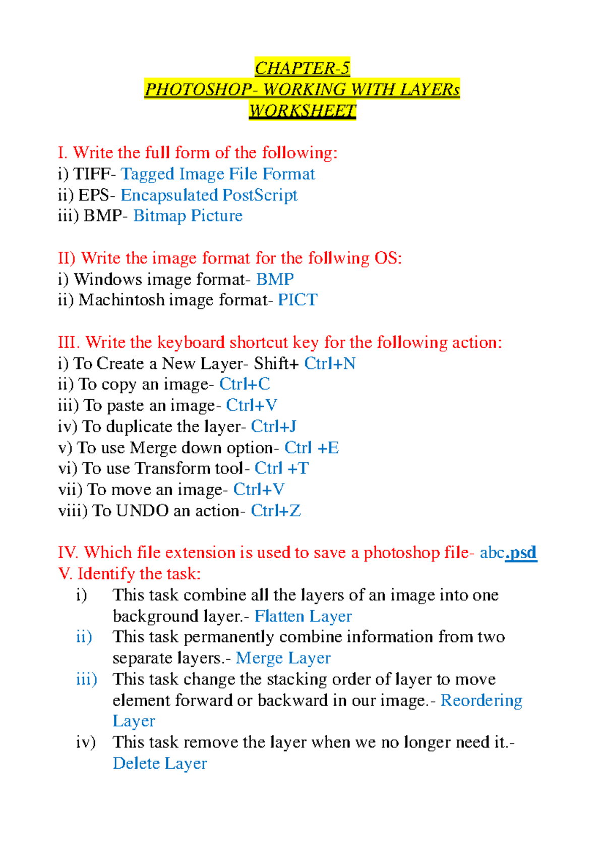 Computer CH-5 Worksheet - CHAPTER- PHOTOSHOP- WORKING WITH LAYERs ...