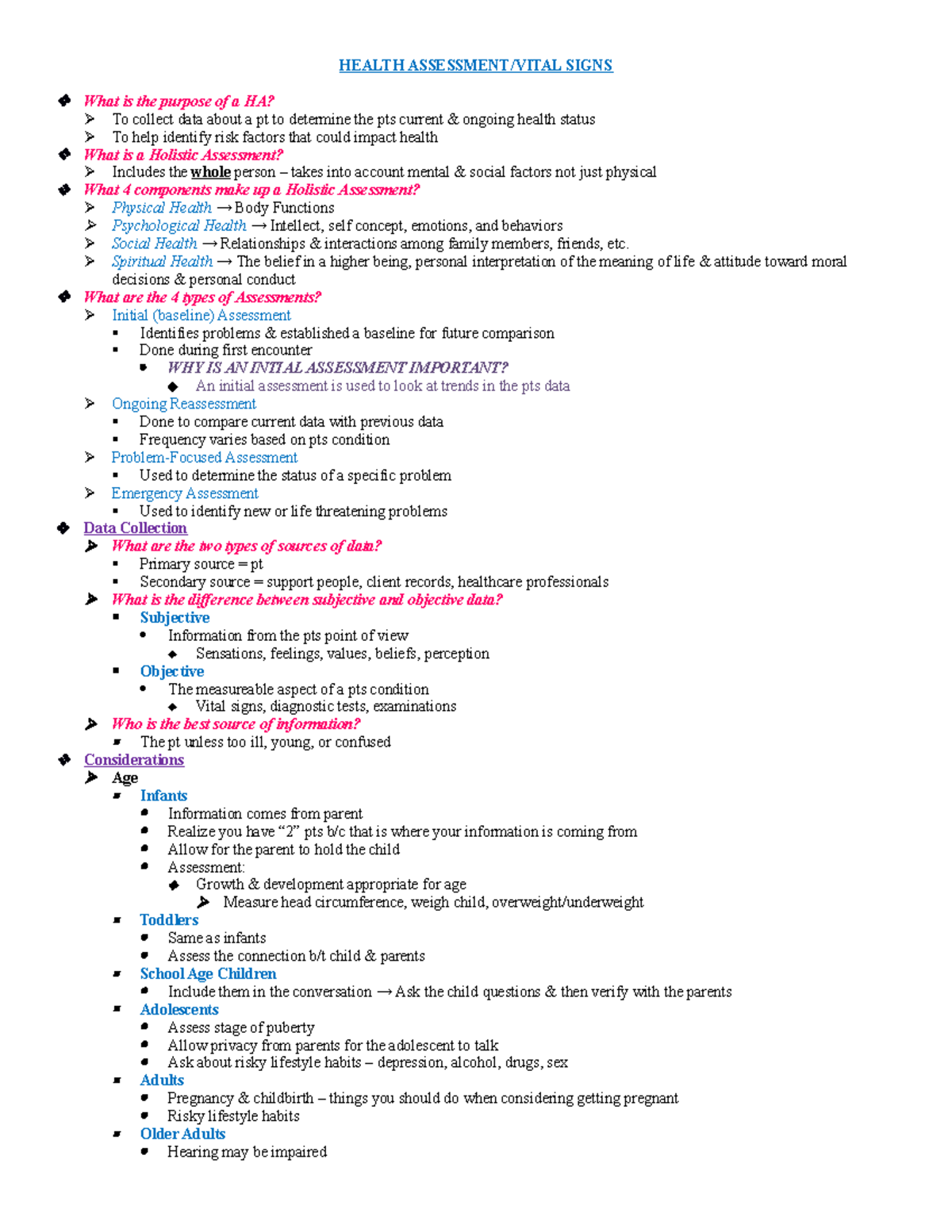 Head to Toe Health Assessment Outline Part 1 - HEALTH ASSESSMENT/VITAL ...