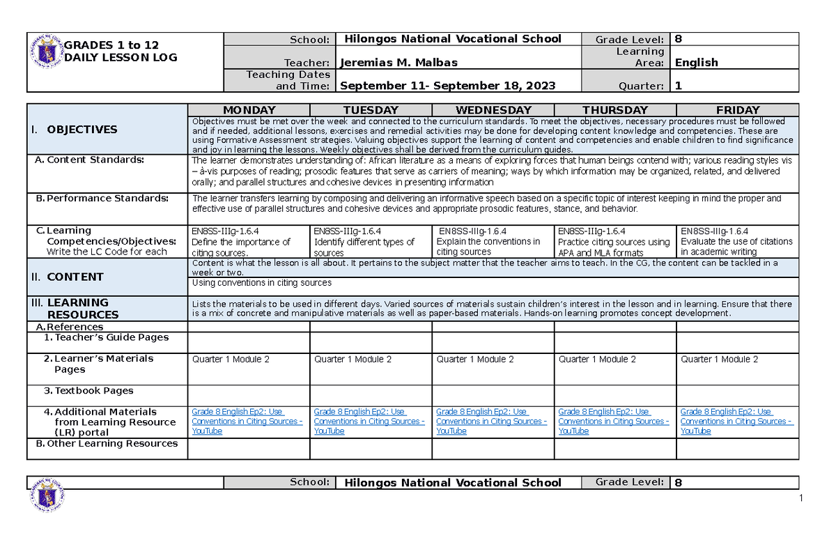 DLL Lesson 2 - GRADES 1 to 12 DAILY LESSON LOG School: Hilongos ...